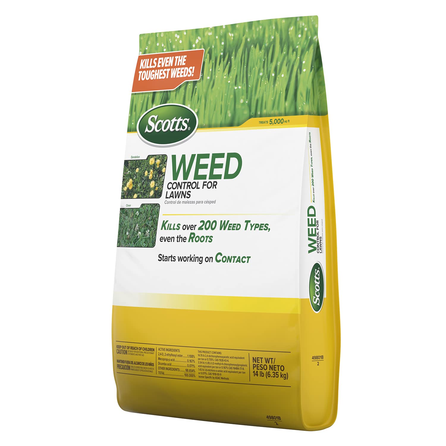 Scotts Weed Control for Lawns, Weed Killer, Kills Over 200 Weed Types Including Dandelion and Clover, 5,000 sq. ft., 14 lbs.