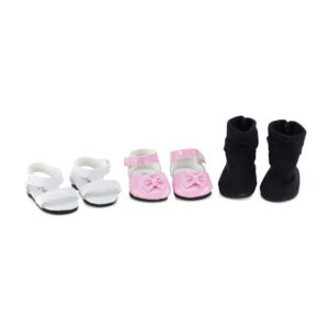 emily rose 18 inch doll shoes | value 3 pack 18-in doll shoes gift set: pink shoes, white sandals and black boots | compatible with 18" american girl dolls