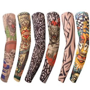 gospire 6 pcs stretchy nylon fake temporary tattoo sleeves body art arm stockings slip accessories halloween tattoo soft for men women