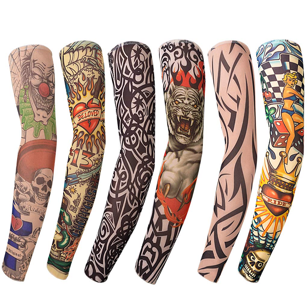 Gospire 6 Pcs Stretchy Nylon Fake Temporary Tattoo Sleeves Body Art Arm Stockings Slip Accessories Halloween Tattoo Soft For Men Women