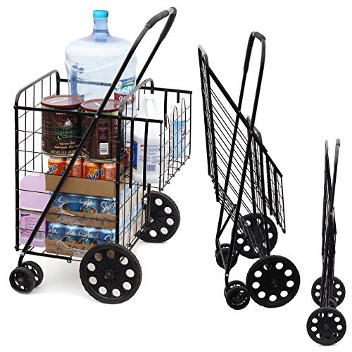 LS Jumbo Deluxe Foldable Utility Shopping Cart with Dual Swivel Wheels and Double Basket- 200 lb Capacity