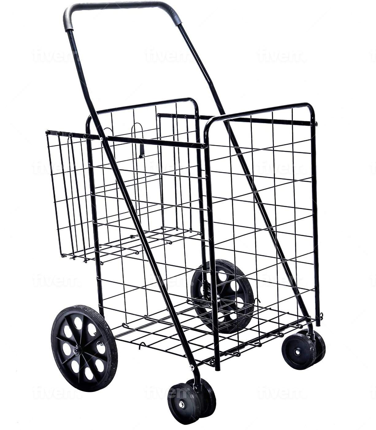 LS Jumbo Deluxe Foldable Utility Shopping Cart with Dual Swivel Wheels and Double Basket- 200 lb Capacity