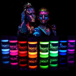 midnight glo black light face and body paint (set of 8 bottles 0.75 oz. each) - neon fluorescent paint safe on skin, washable, non-toxic