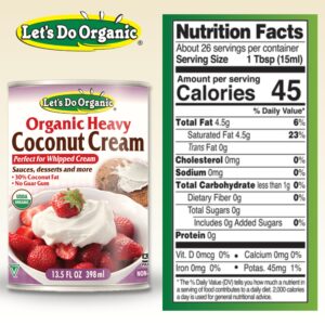 Let's Do Organic Heavy Coconut Cream – Canned Coconut Cream, Whipped Cream, Heavy Cream, No Guar Gum, Dairy Free, USDA Organic – 13.5 Fl Oz