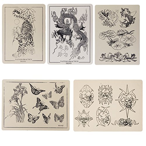 5pcs Tattoo Practice Skin Nontoxic Soft Permanent Makeup Tools For Tattoo Learning Training Summer Stickers(Tiger, Skull, Flower, Lotus , Dragon Tattoos)