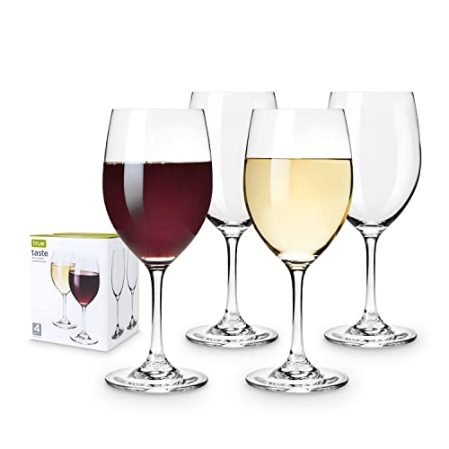 True Stemmed Wine Glasses, Lead-Free Crystal Glassware for Red and White Wine, Dishwasher Safe, Set of 4, 14 Oz