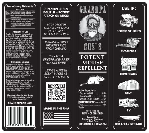 Grandpa Gus's Mouse Rodent Repellent, Peppermint & Cinnamon Oil Formula, Repels Mice & Rats from Nesting, Chewing in Homes/RV, Boat/Car, Storage & Wiring, 8 Oz RTU Spray