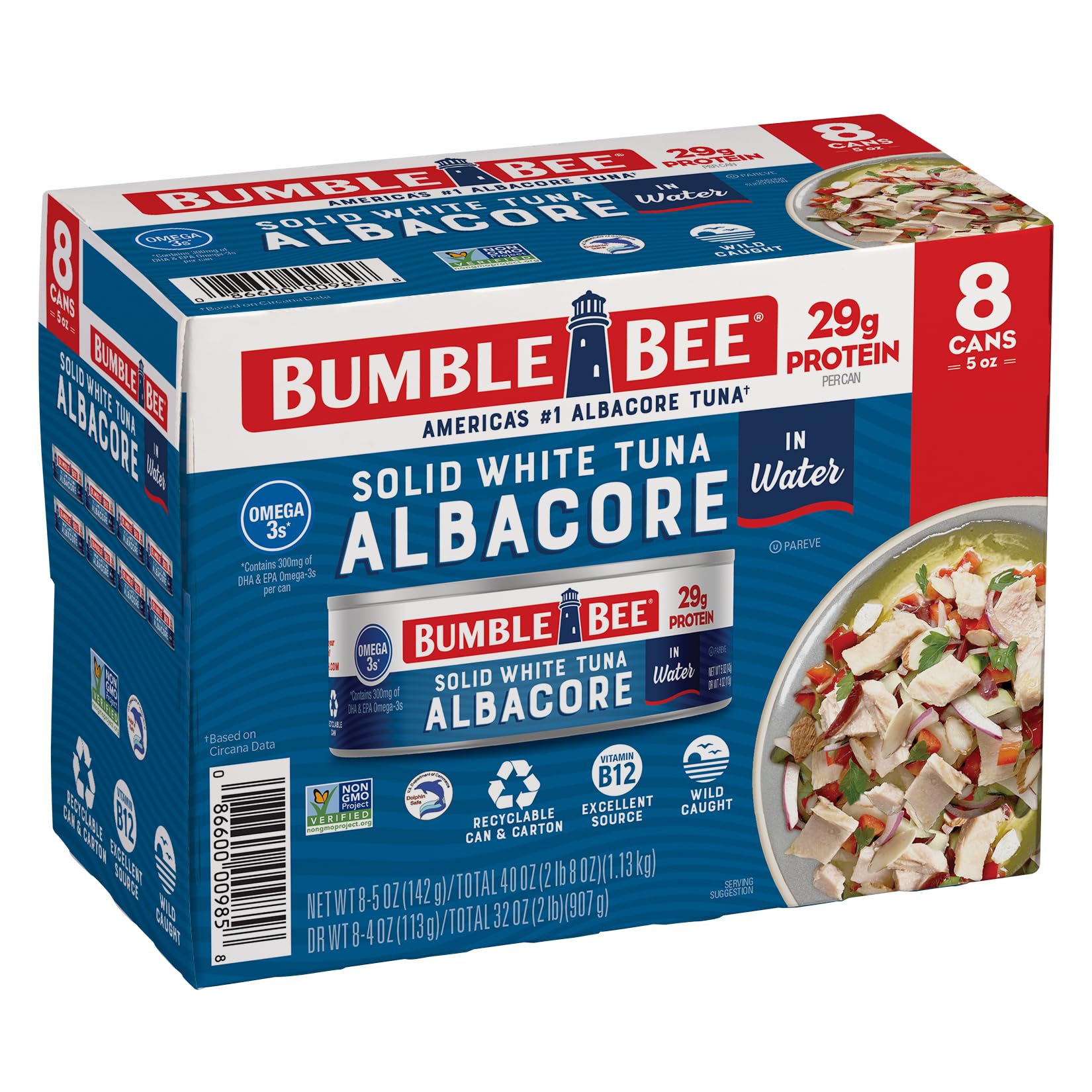 Bumble Bee Solid White Albacore Tuna in Water 5 oz Can (Pack of 8) - Wild Caught Tuna - 29g Protein per Serving - Non-GMO Project Verified Gluten Free Kosher - Great for Tuna Salad & Recipes