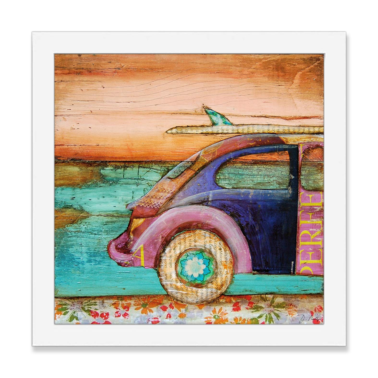 The Perfect Day - Danny Phillips Art Print, Unframed, Purple and Orange Classic Antique Car Artwork, Surfboard Coastal Ocean Nautical Mixed Media Collage Painting, All Sizes