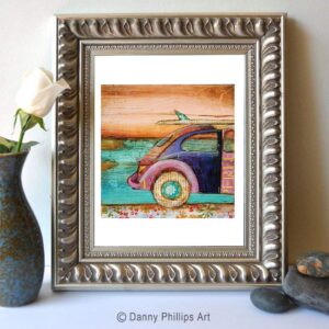 The Perfect Day - Danny Phillips Art Print, Unframed, Purple and Orange Classic Antique Car Artwork, Surfboard Coastal Ocean Nautical Mixed Media Collage Painting, All Sizes