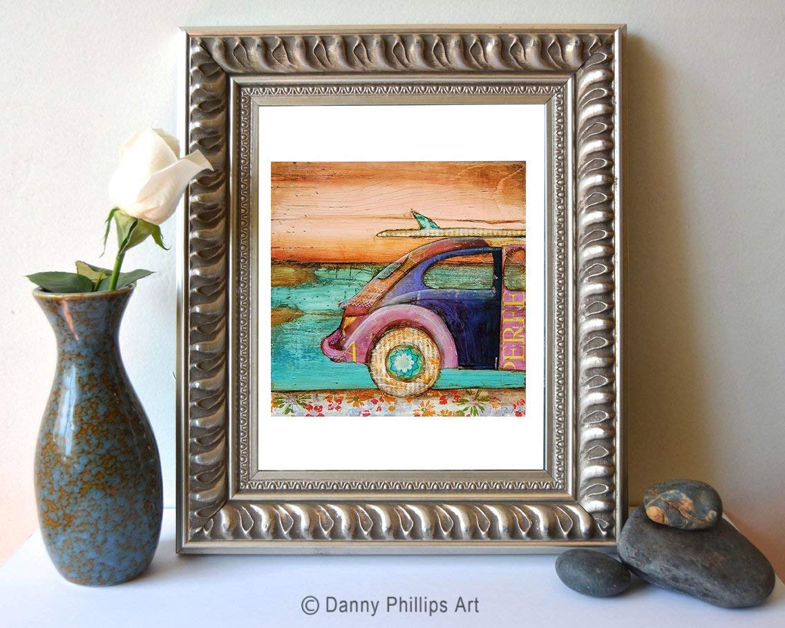 The Perfect Day - Danny Phillips Art Print, Unframed, Purple and Orange Classic Antique Car Artwork, Surfboard Coastal Ocean Nautical Mixed Media Collage Painting, All Sizes