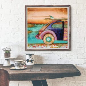 The Perfect Day - Danny Phillips Art Print, Unframed, Purple and Orange Classic Antique Car Artwork, Surfboard Coastal Ocean Nautical Mixed Media Collage Painting, All Sizes