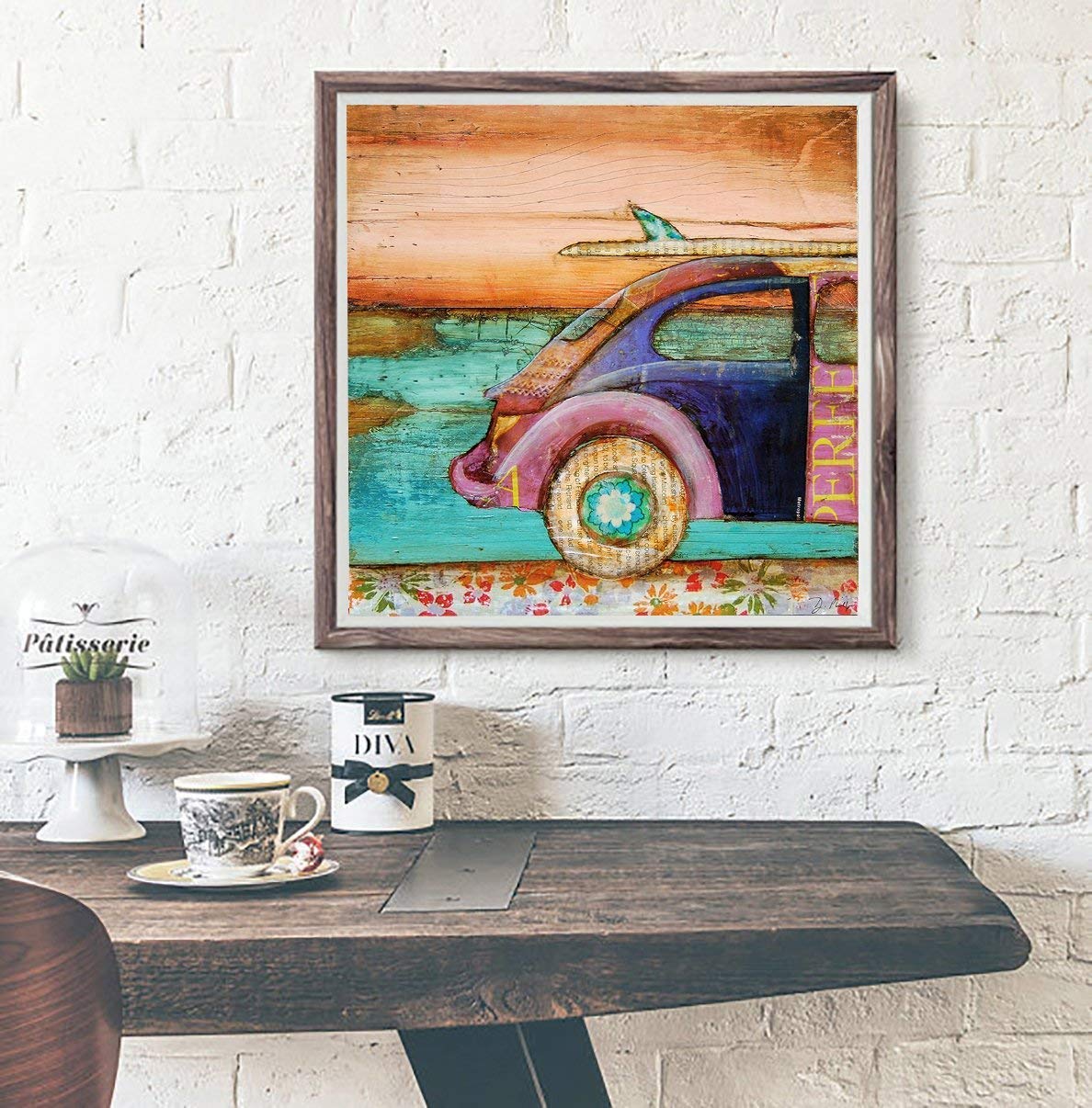 The Perfect Day - Danny Phillips Art Print, Unframed, Purple and Orange Classic Antique Car Artwork, Surfboard Coastal Ocean Nautical Mixed Media Collage Painting, All Sizes