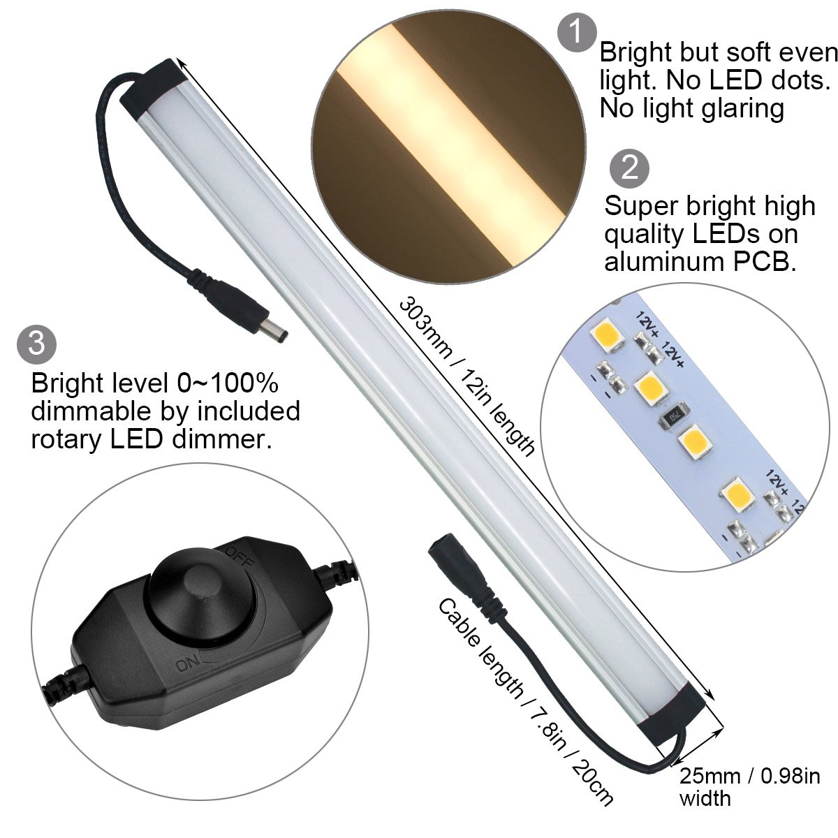 Litever Under Cabinet LED Light Bar Kits Plug in 3 pcs 12 inches Light Bars per Set Warm White 3000K 20W 1000 Lumen Dimmable for Kitchen Cabinets Counters Bookcases (3 Bars Kit-3000K)