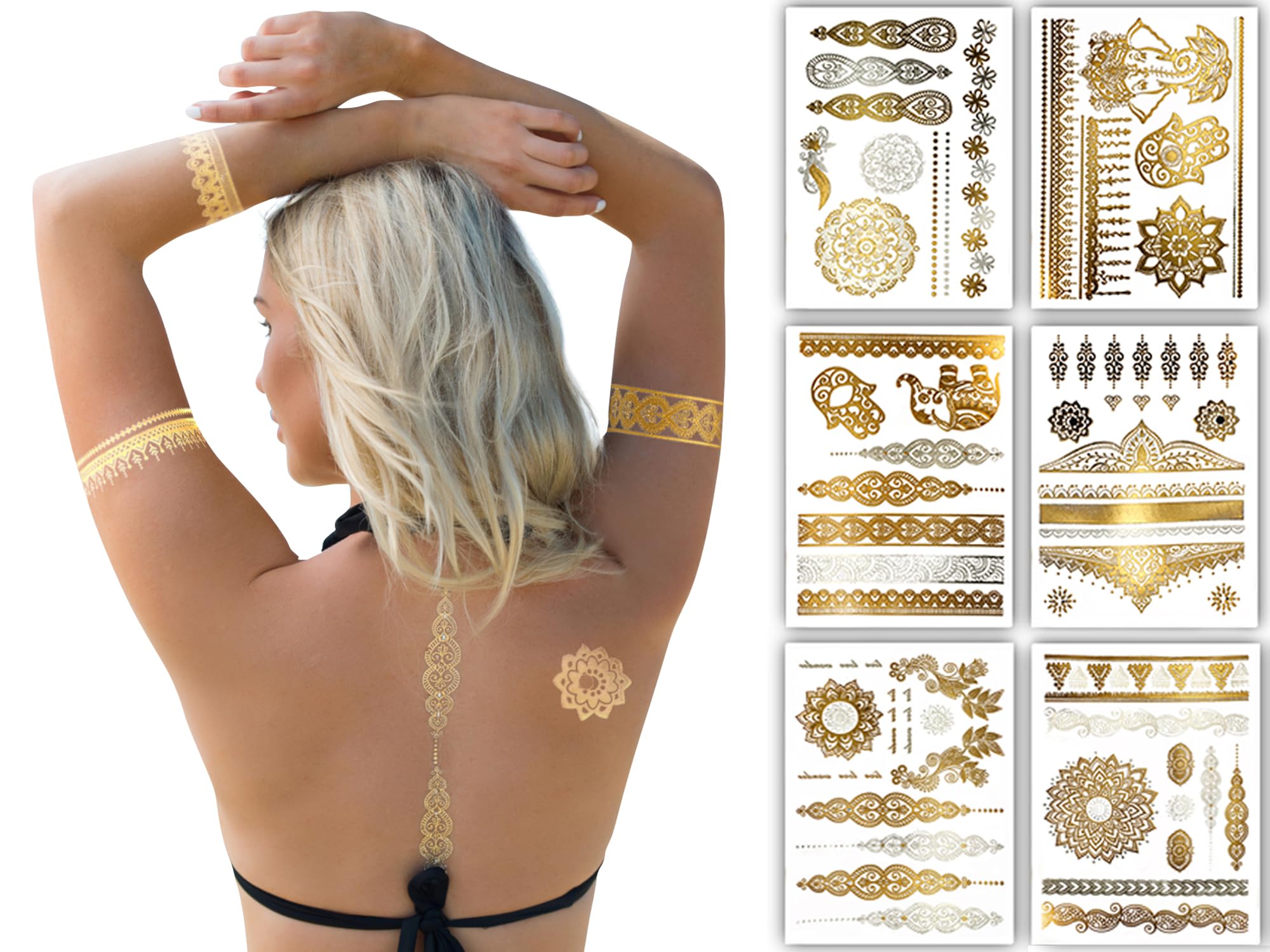 Terra Tattoos Gold Metallic Tattoo Flash Sheets Designs of Elephants, Flowers & more! Face Tattoos for Women Waterproof Nontoxic Long Lasting 75+ Designs for Vacation, Festivals Parties - Gold