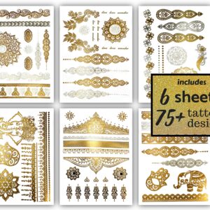 Terra Tattoos Gold Metallic Tattoo Flash Sheets Designs of Elephants, Flowers & more! Face Tattoos for Women Waterproof Nontoxic Long Lasting 75+ Designs for Vacation, Festivals Parties - Gold