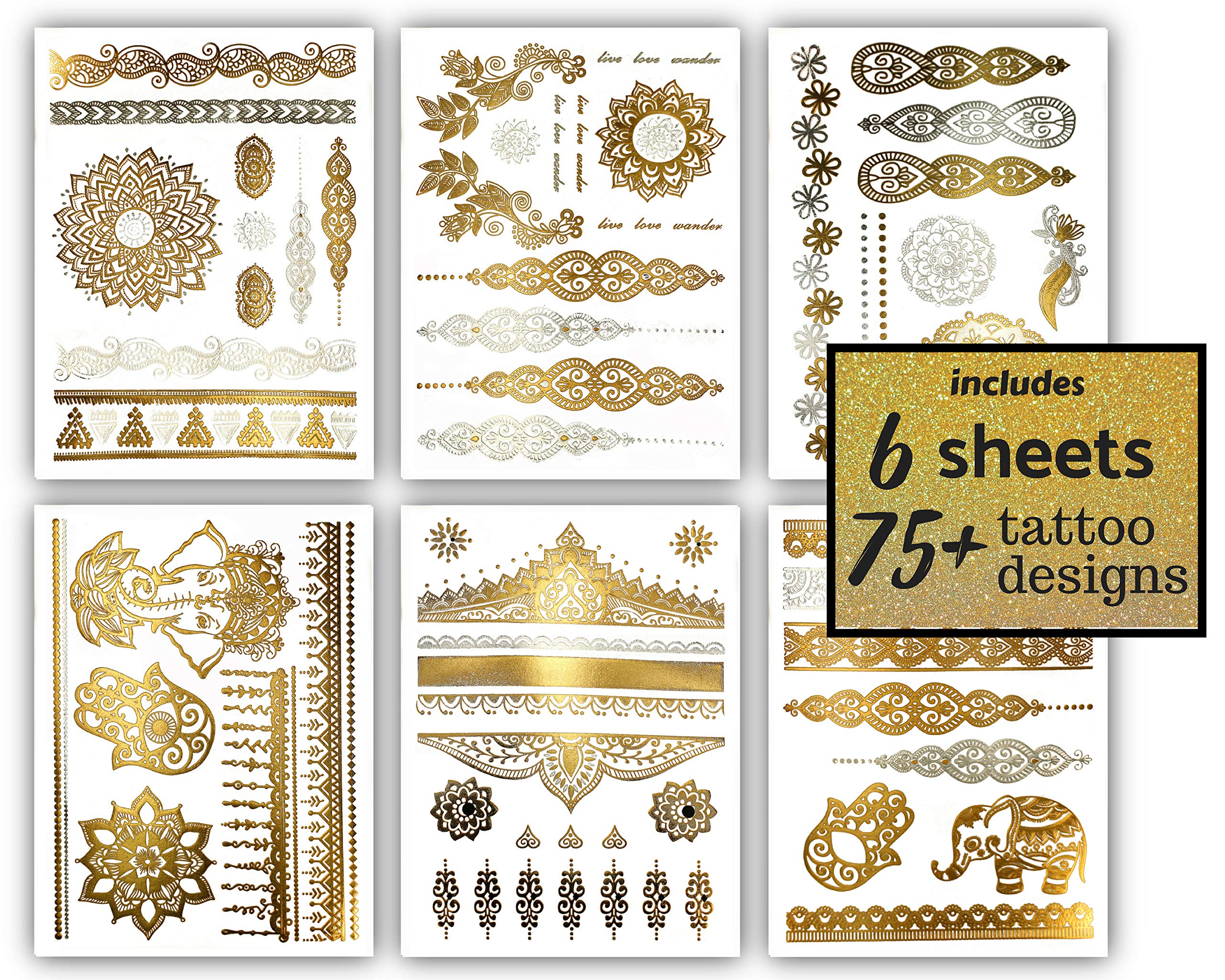 Terra Tattoos Gold Metallic Tattoo Flash Sheets Designs of Elephants, Flowers & more! Face Tattoos for Women Waterproof Nontoxic Long Lasting 75+ Designs for Vacation, Festivals Parties - Gold