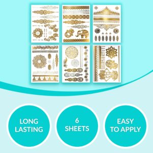 Terra Tattoos Gold Metallic Tattoo Flash Sheets Designs of Elephants, Flowers & more! Face Tattoos for Women Waterproof Nontoxic Long Lasting 75+ Designs for Vacation, Festivals Parties - Gold