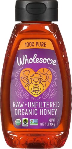 Wholesome Sweeteners Organic Raw Unfiltered Honey, Pesticide Free, Fair Trade, Non GMO & Non Glyphosate, 16 Ounce Squeeze Bottle (Pack of 1) (00280721)