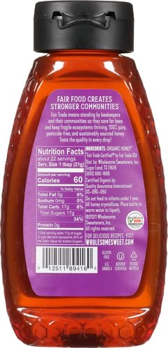 Wholesome Sweeteners Organic Raw Unfiltered Honey, Pesticide Free, Fair Trade, Non GMO & Non Glyphosate, 16 Ounce Squeeze Bottle (Pack of 1) (00280721)