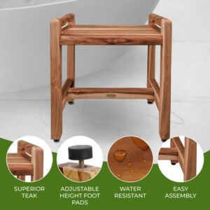 EcoDecors Eleganto Shower Stool 20" Natural Teak Wood Shower Bench with LiftAide Arms Wooden Seat Shower Stool in Earthy Teak Finish