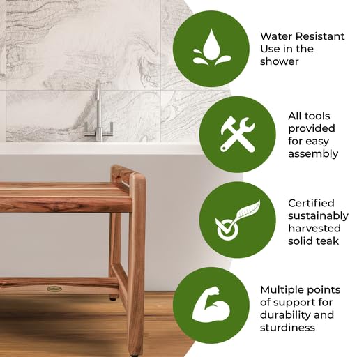 EcoDecors Eleganto Shower Stool 20" Natural Teak Wood Shower Bench with LiftAide Arms Wooden Seat Shower Stool in Earthy Teak Finish