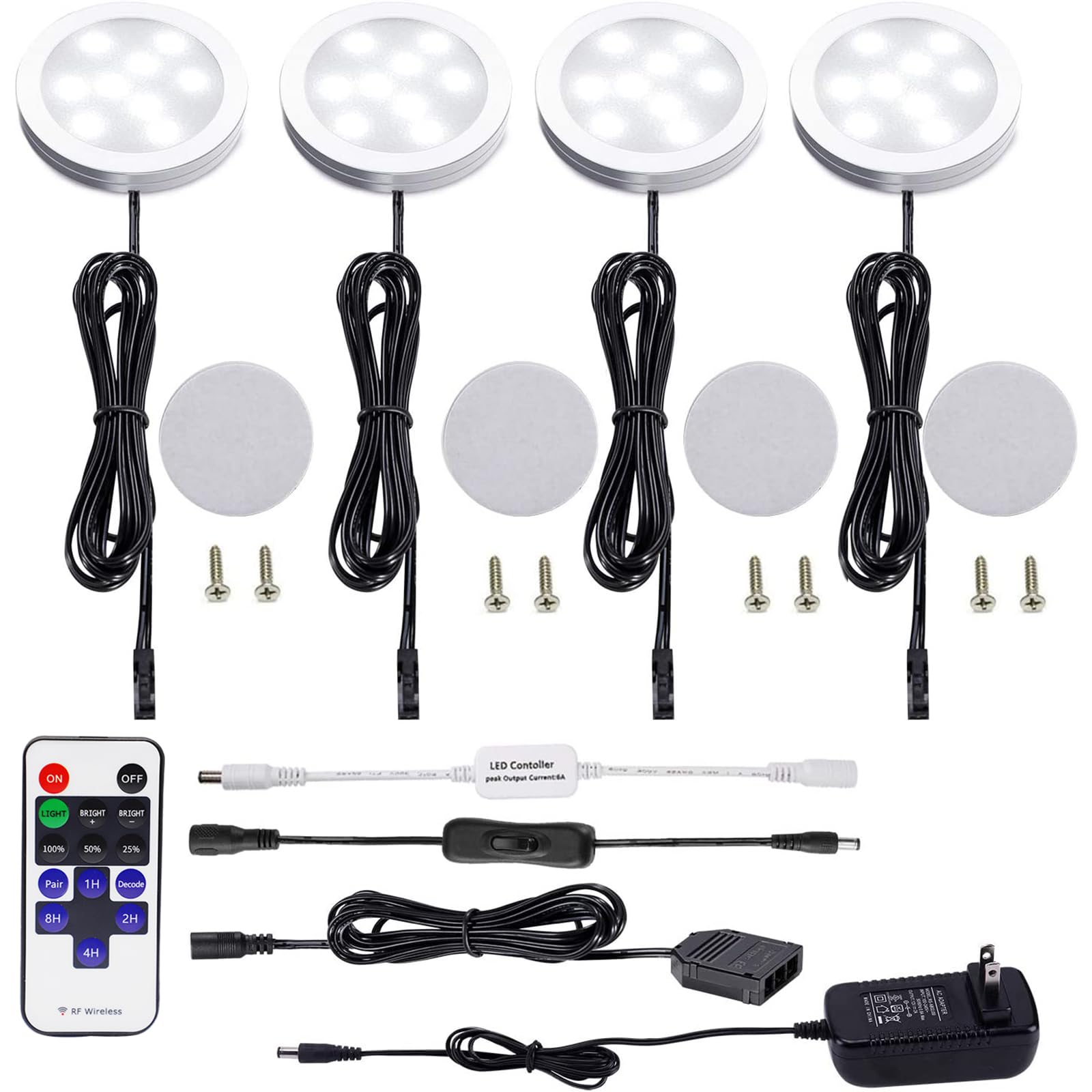 AIBOO LED Under Cabinet Lighting Kit 4 Packs of 12V Puck Lights with RF Dimmable Wireless RF Remote Control for Kitchen Counter Accent Lighting(Daylight White)