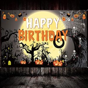 famoby happy birthday halloween theme fabric sign poster banner backdrop halloween pumpkin,ghouls, bat,spide for brithday photo booth background party decoration