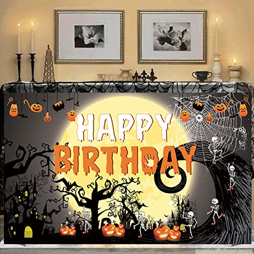 Famoby Happy Birthday Halloween Theme Fabric Sign Poster Banner Backdrop Halloween Pumpkin,Ghouls, bat,spide for Brithday Photo Booth Background Party Decoration