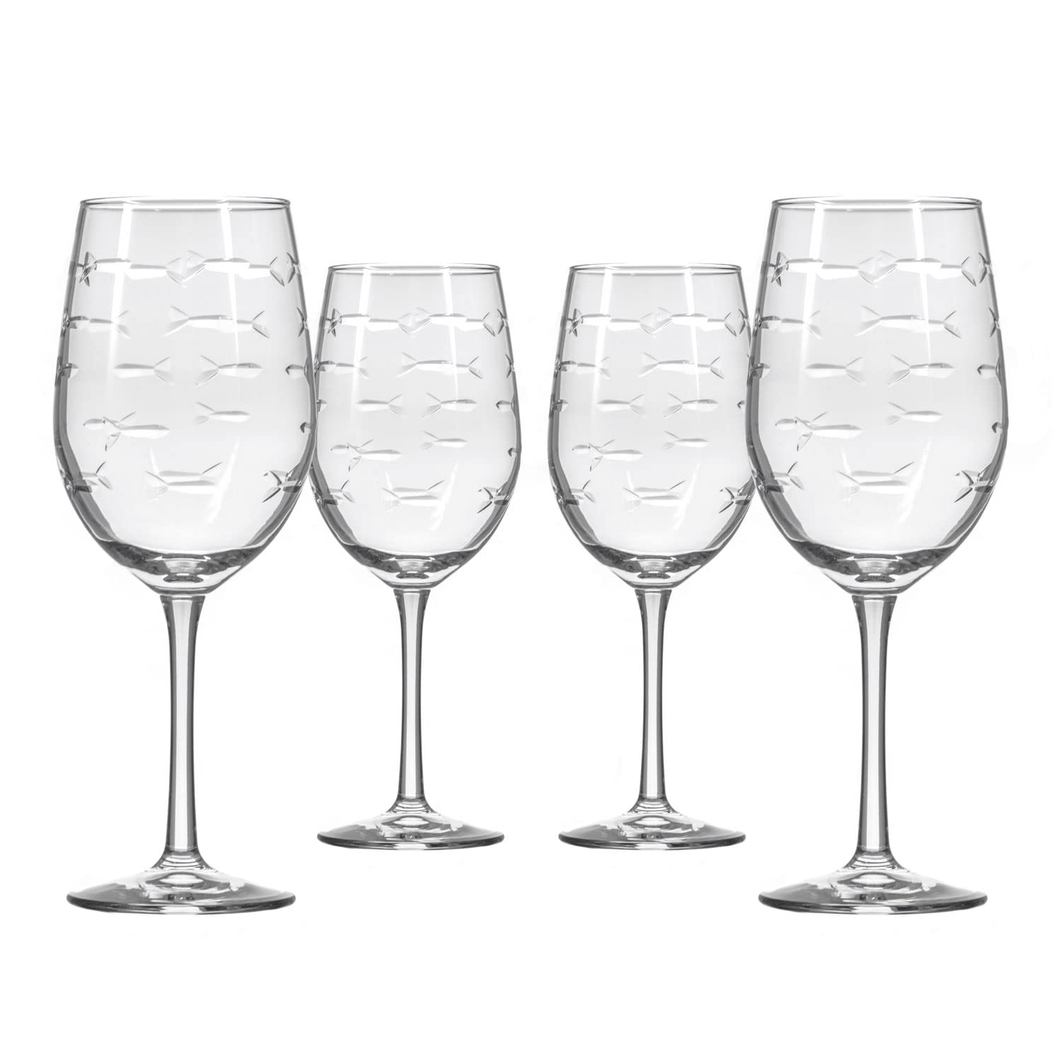 Rolf Glass School of Fish White Wine Glass 12 ounce - Stemmed Wine Glass Set of 4 – Lead-Free Glass - Diamond Wheel Etched Wine Glasses - Designed and Engraved in the USA