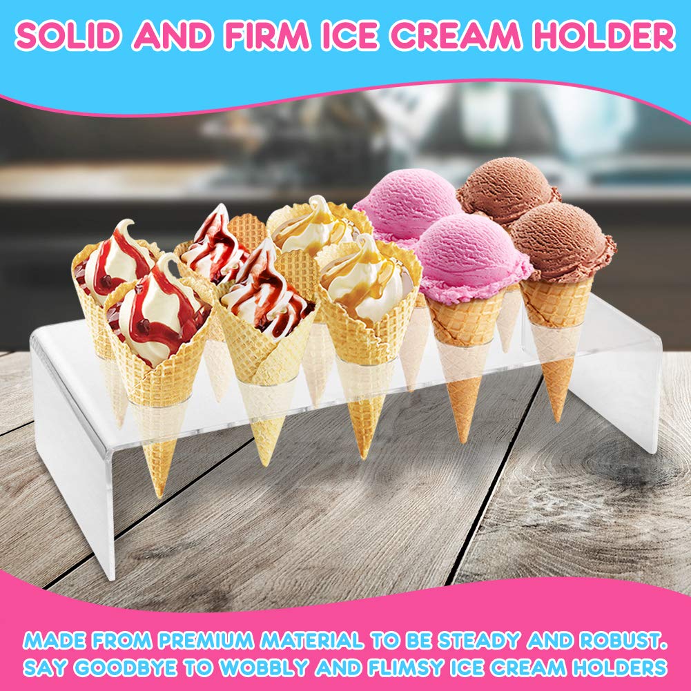 Clear Acrylic Ice Cream Cone Holder Stand 10 Holes to Display Snow Cones Sushi Hand Rolls Popcorn Candy French Fries Sweets Savory, Ice Cream Recipe Ebook Included