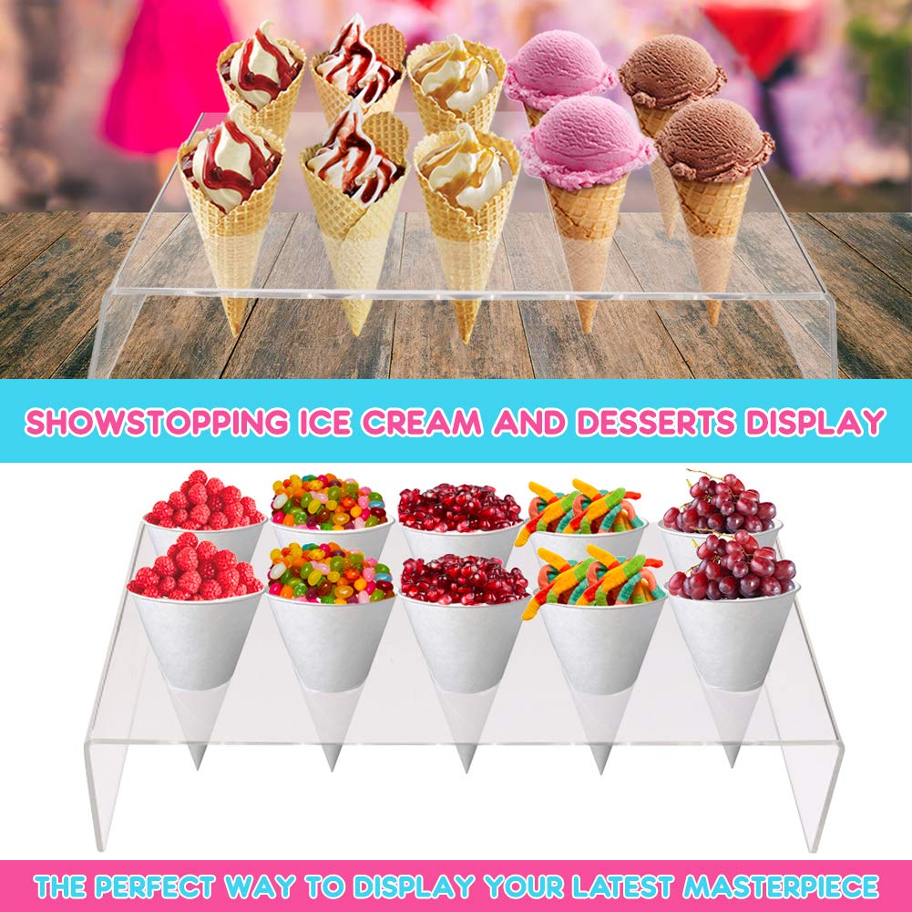 Clear Acrylic Ice Cream Cone Holder Stand 10 Holes to Display Snow Cones Sushi Hand Rolls Popcorn Candy French Fries Sweets Savory, Ice Cream Recipe Ebook Included