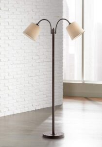 360 lighting seneca modern standing floor lamp 56" tall dark bronze brown twin arm adjustable gooseneck neutral cotton drum shade for living room reading house bedroom home