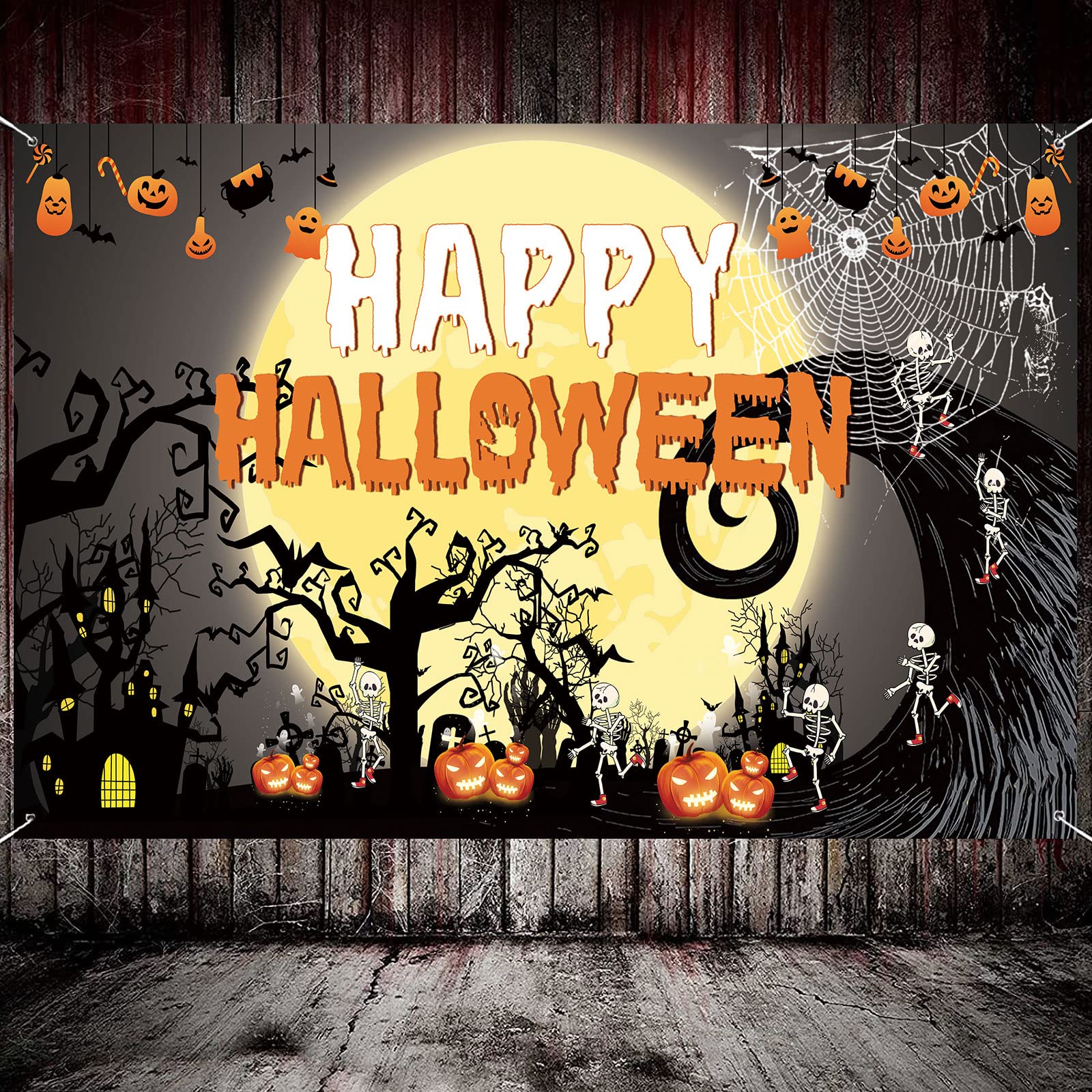 Famoby Happy Halloween Theme Fabric Sign Poster Banner Backdrop with Pumpkin,Ghouls, bat,spide,Moon for Halloween Photo Booth Background Party Decoration