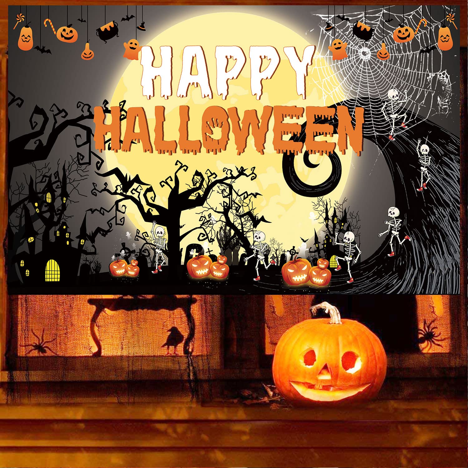 Famoby Happy Halloween Theme Fabric Sign Poster Banner Backdrop with Pumpkin,Ghouls, bat,spide,Moon for Halloween Photo Booth Background Party Decoration