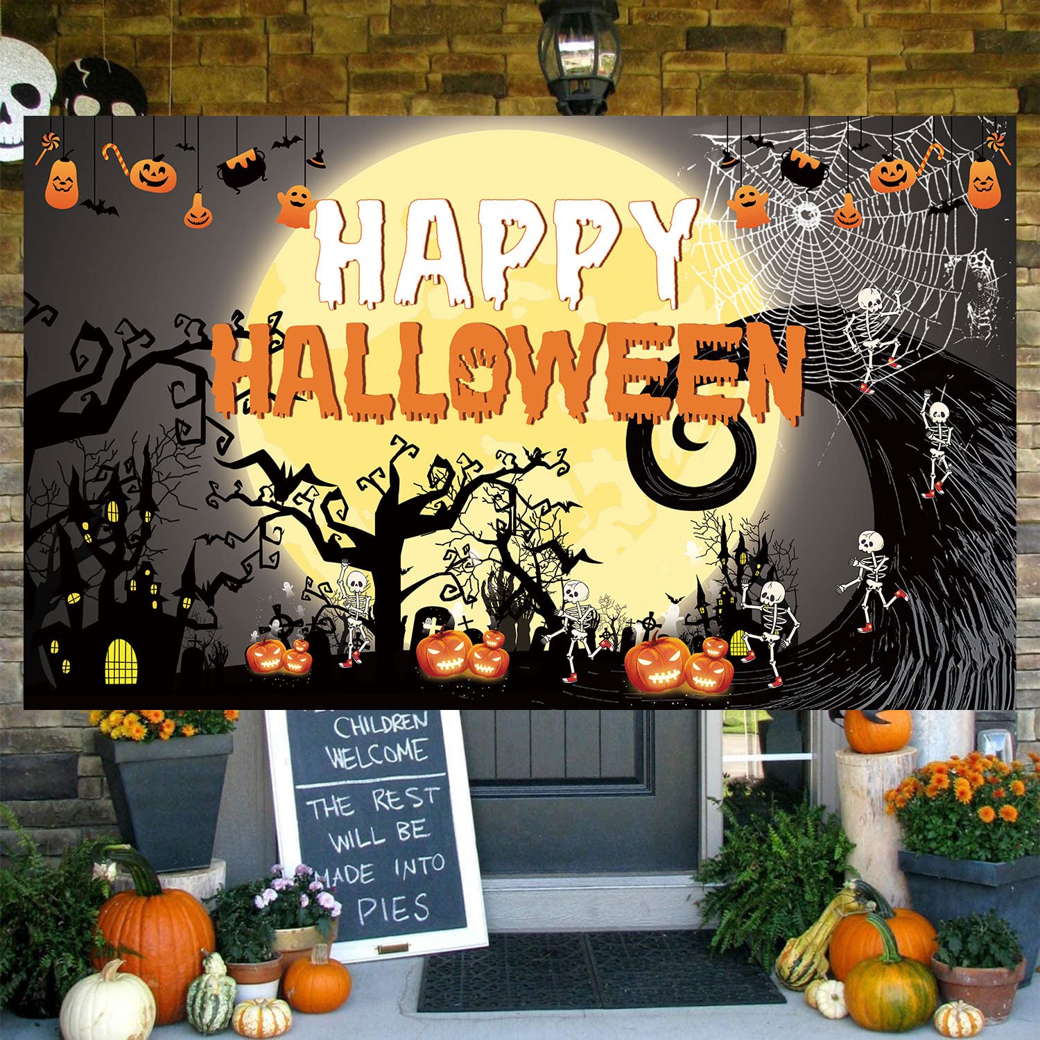 Famoby Happy Halloween Theme Fabric Sign Poster Banner Backdrop with Pumpkin,Ghouls, bat,spide,Moon for Halloween Photo Booth Background Party Decoration