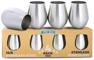 stainless steel wine glasses - set of 4 large & elegant stemless goblets (18 oz) - unbreakable, shatterproof metal drinking tumblers