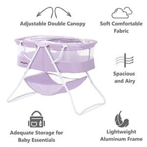 Dream On Me Karley Bassinet in Periwinkle, Lightweight Portable Baby Bassinet, Quick Fold and Easy to Carry , Adjustable Double Canopy, Indoor and Outdoor Bassinet with Large Storage Basket.