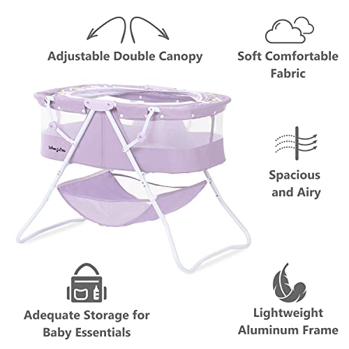 Dream On Me Karley Bassinet in Periwinkle, Lightweight Portable Baby Bassinet, Quick Fold and Easy to Carry , Adjustable Double Canopy, Indoor and Outdoor Bassinet with Large Storage Basket.