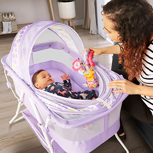 Dream On Me Karley Bassinet in Periwinkle, Lightweight Portable Baby Bassinet, Quick Fold and Easy to Carry , Adjustable Double Canopy, Indoor and Outdoor Bassinet with Large Storage Basket.