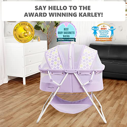 Dream On Me Karley Bassinet in Periwinkle, Lightweight Portable Baby Bassinet, Quick Fold and Easy to Carry , Adjustable Double Canopy, Indoor and Outdoor Bassinet with Large Storage Basket.