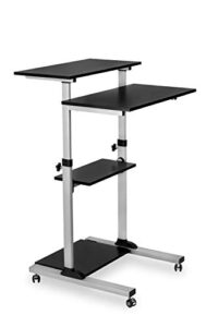 mount-it! mobile standing desk/height adjustable stand up computer work station | rolling presentation cart with 27.5 inch wide platform, locking wheels