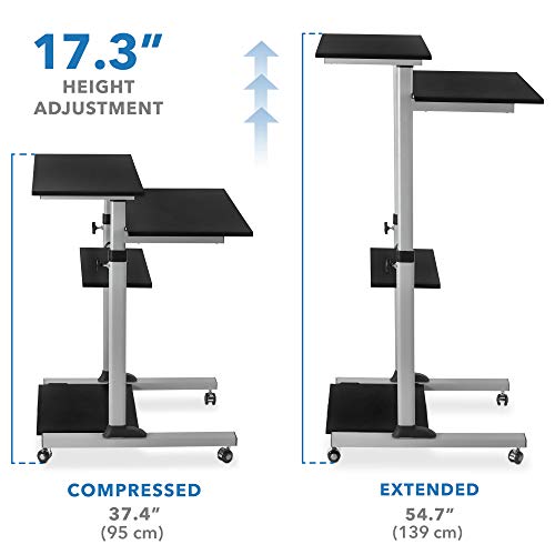 Mount-It! Mobile Standing Desk/Height Adjustable Stand Up Computer Work Station | Rolling Presentation Cart with 27.5 Inch Wide Platform, Locking Wheels