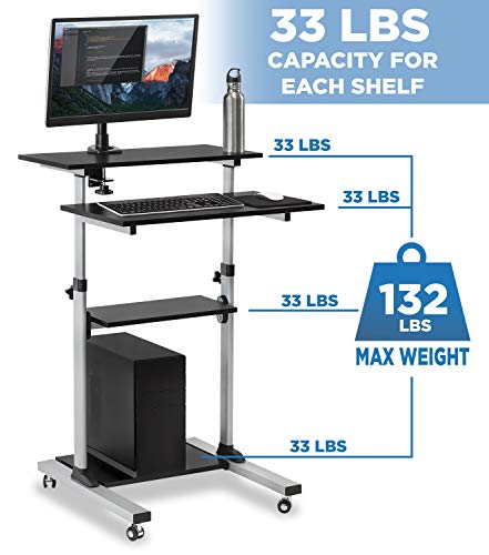 Mount-It! Mobile Standing Desk/Height Adjustable Stand Up Computer Work Station | Rolling Presentation Cart with 27.5 Inch Wide Platform, Locking Wheels