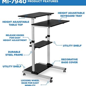 Mount-It! Mobile Standing Desk/Height Adjustable Stand Up Computer Work Station | Rolling Presentation Cart with 27.5 Inch Wide Platform, Locking Wheels