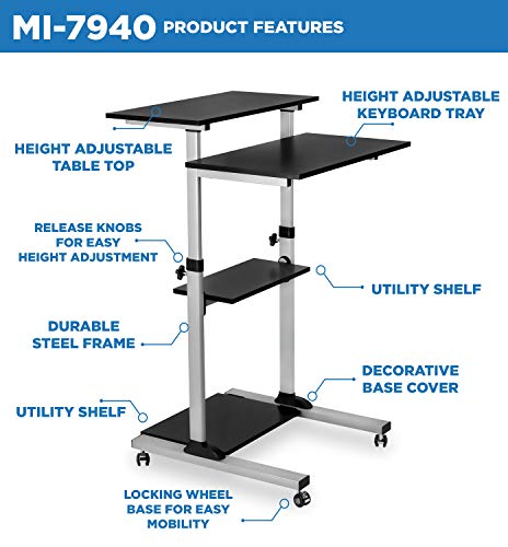 Mount-It! Mobile Standing Desk/Height Adjustable Stand Up Computer Work Station | Rolling Presentation Cart with 27.5 Inch Wide Platform, Locking Wheels