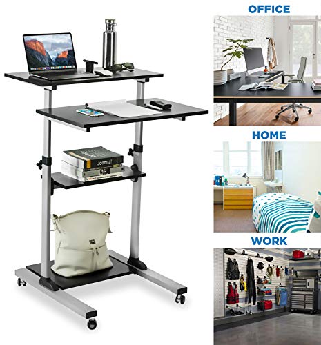 Mount-It! Mobile Standing Desk/Height Adjustable Stand Up Computer Work Station | Rolling Presentation Cart with 27.5 Inch Wide Platform, Locking Wheels