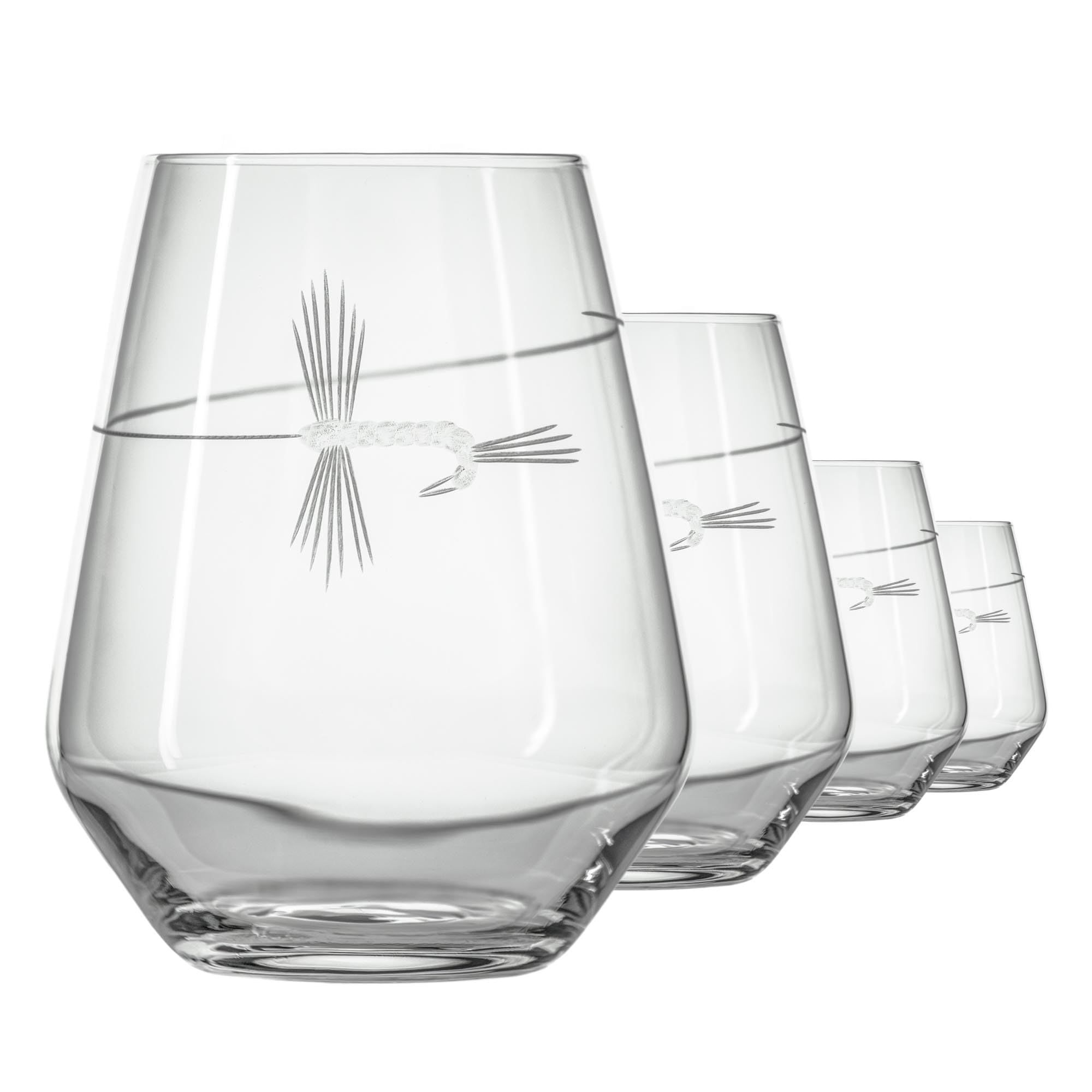 Rolf Glass | Fly Fishing Stemless Wine Tumbler 18 ounce | Stemless Wine Glasses | Set of 4 | Lead-Free Glass | Engraved Tumbler Glasses | Made in the US