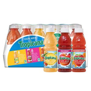 tropicana 100% juice, 3 flavor, 10 fl oz (pack of 24) - pineapple peach mango juice, fruit medley, strawberry orange juice