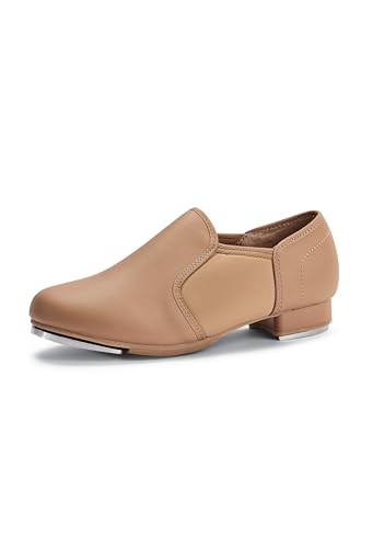 Balera Girls Tap Shoes Slip On Shoe with Leather and Stretch Inset Rubber Sole with Taps Caramel